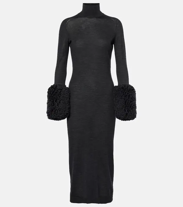 Alaïa Virgin Wool Midi Dress With Faux Shearling Trim