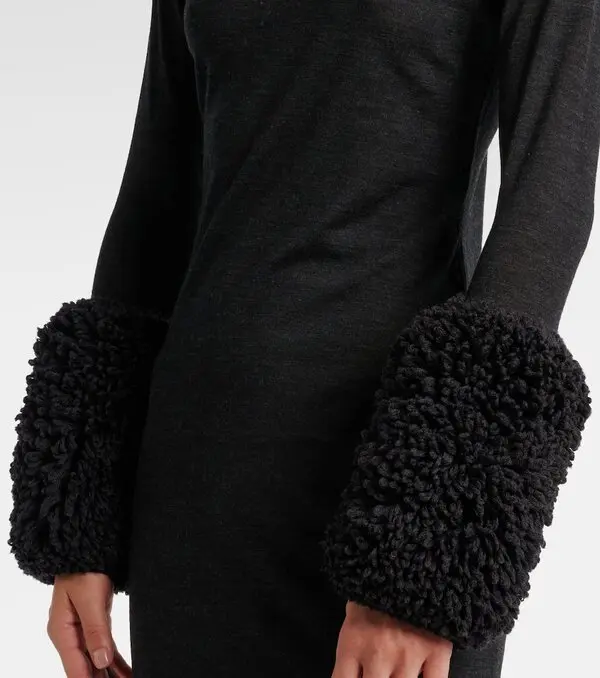 Alaïa Virgin Wool Midi Dress With Faux Shearling Trim