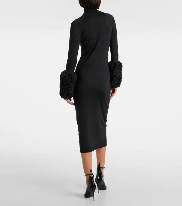 Alaïa Virgin Wool Midi Dress With Faux Shearling Trim