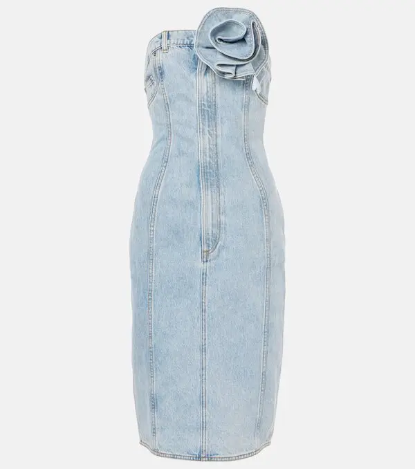 AREA Floral-appliqué Denim Midi Dress