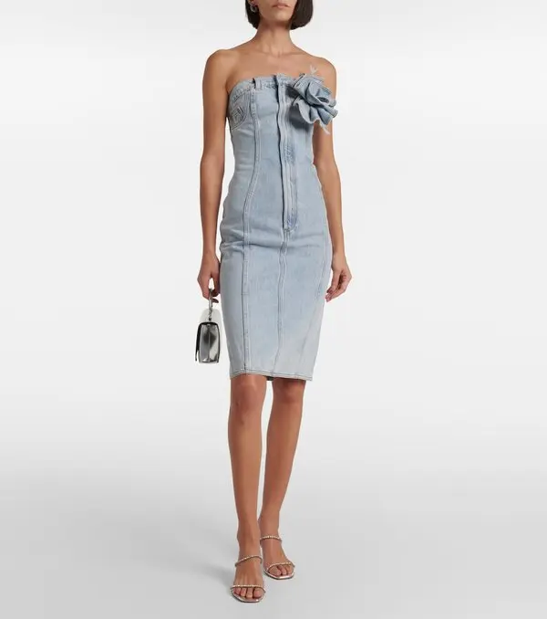 AREA Floral-appliqué Denim Midi Dress