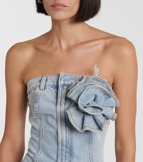 AREA Floral-appliqué Denim Midi Dress