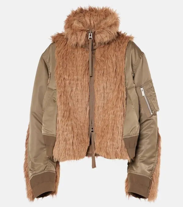 Sacai Faux Fur Trimmed Bomber Jacket - Brown