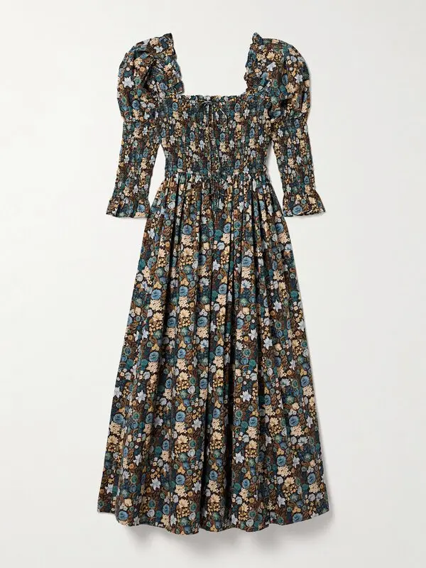 DÔEN Bijou Shirred Floral-print Organic Cotton-voile Midi Dress - Multi