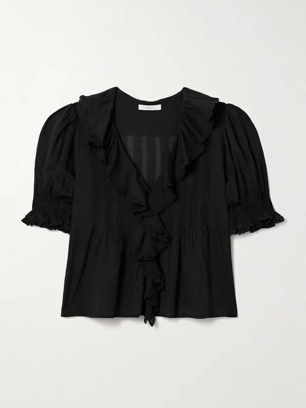 DÔEN Henri Ruffled Pintucked Organic Cotton-voile Top - Black