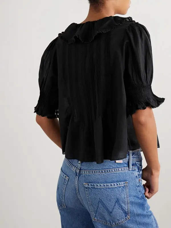 DÔEN Henri Ruffled Pintucked Organic Cotton-voile Top - Black