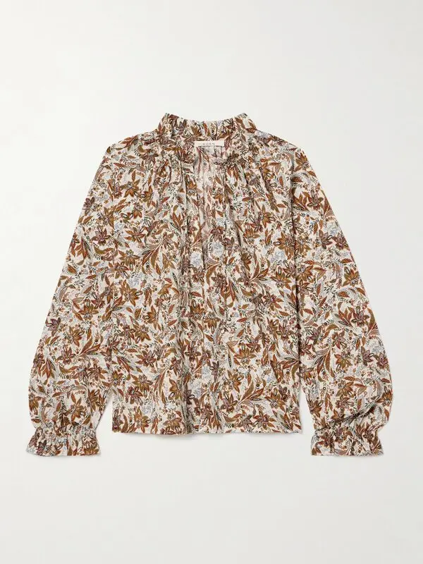 DÔEN Juna Tie-neck Floral-print Organic Cotton-voile Top - Brown
