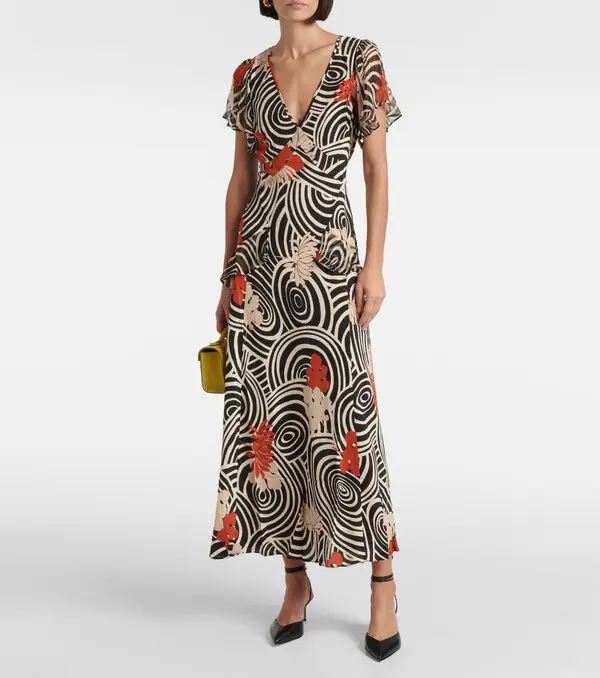 Rixo Evie Printed Silk Maxi Dress - White