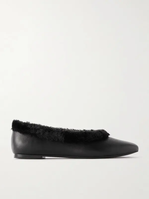 Staud Faux Fur-trimmed Leather Ballet Flats