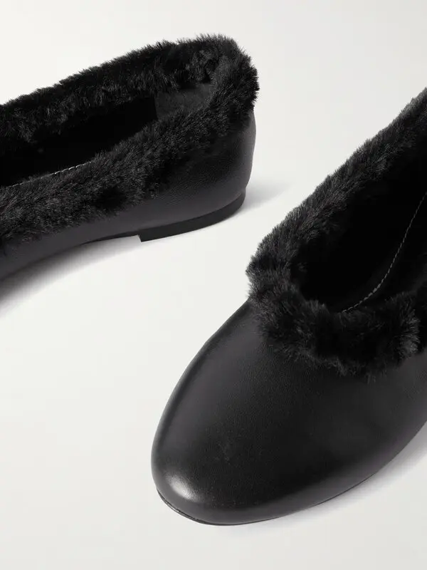 Staud Faux Fur-trimmed Leather Ballet Flats