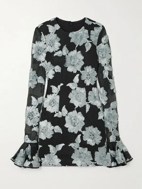 ROTATE BY BIRGER CHRISTENSEN Floral-appliquéd Stretch Recycled-tulle Mini Dress - Gray