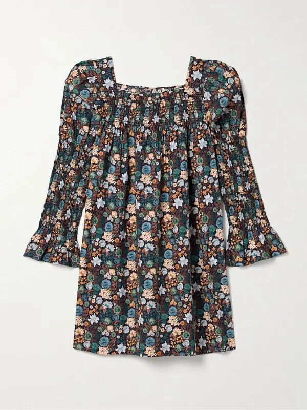 DÔEN Sabia Shirred Floral-print Organic Cotton-poplin Mini Dress - Blue