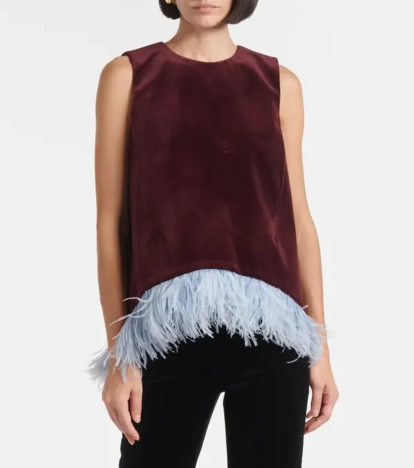 La DoubleJ La Scala Cotton Velvet Top With Feather Trim