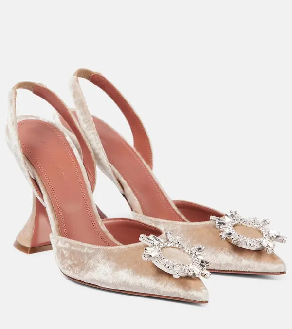 Amina Muaddi Begum 95" Embellished Velvet Slingback Pumps - Neutrals