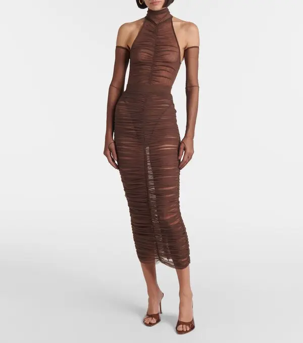 Alex Perry Ruched Mesh Midi Skirt - Brown