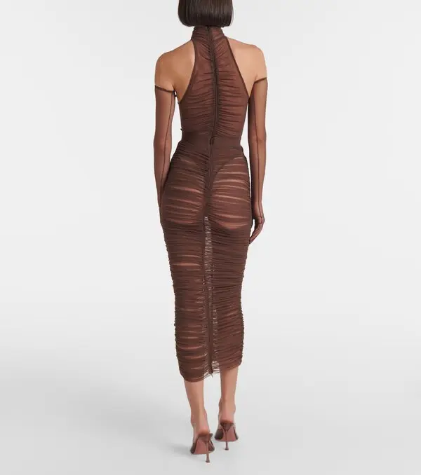Alex Perry Ruched Mesh Midi Skirt - Brown