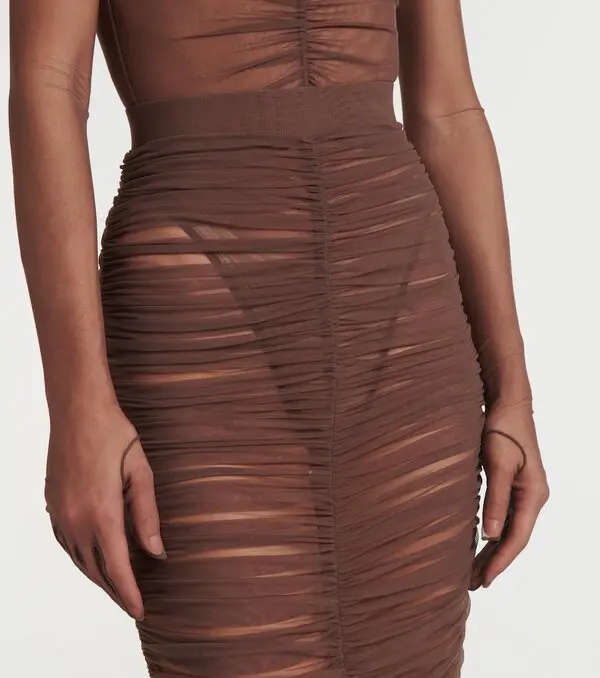 Alex Perry Ruched Mesh Midi Skirt - Brown