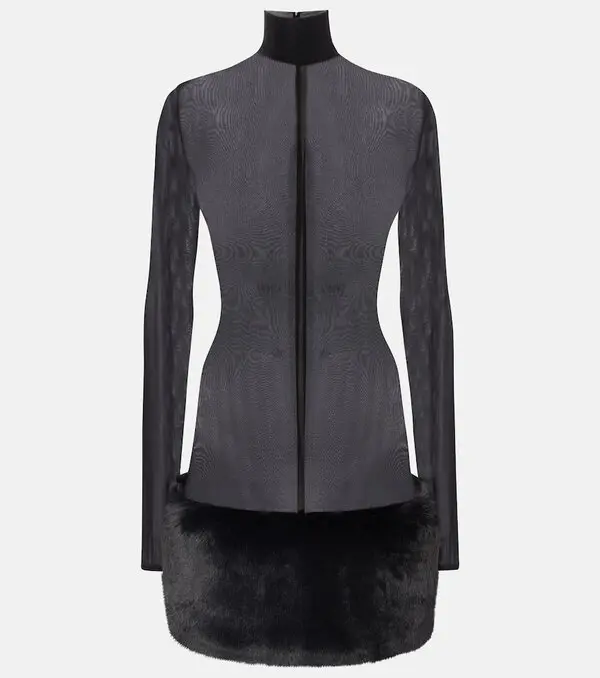Magda Butrym Sheer Faux Fur-trimmed Minidress - Black