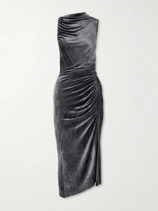 Rick Owens Asymmetric Ruched Velour Midi Dress - Gray