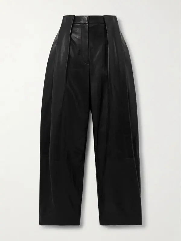 Balmain Cropped Pleated Leather Wide-leg Trousers