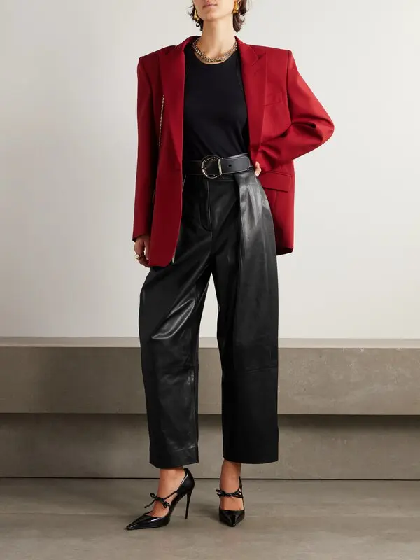 Balmain Cropped Pleated Leather Wide-leg Trousers