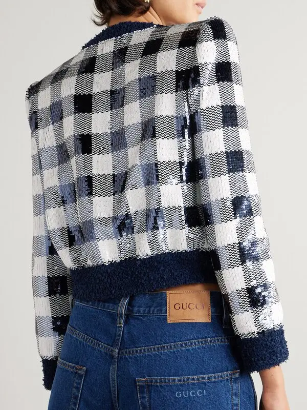 Balmain Cropped Embellished Checked Tweed Jacket