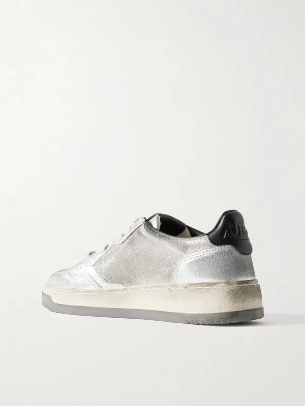 AUTRY Distressed Metallic Leather And Suede Sneakers - Gray