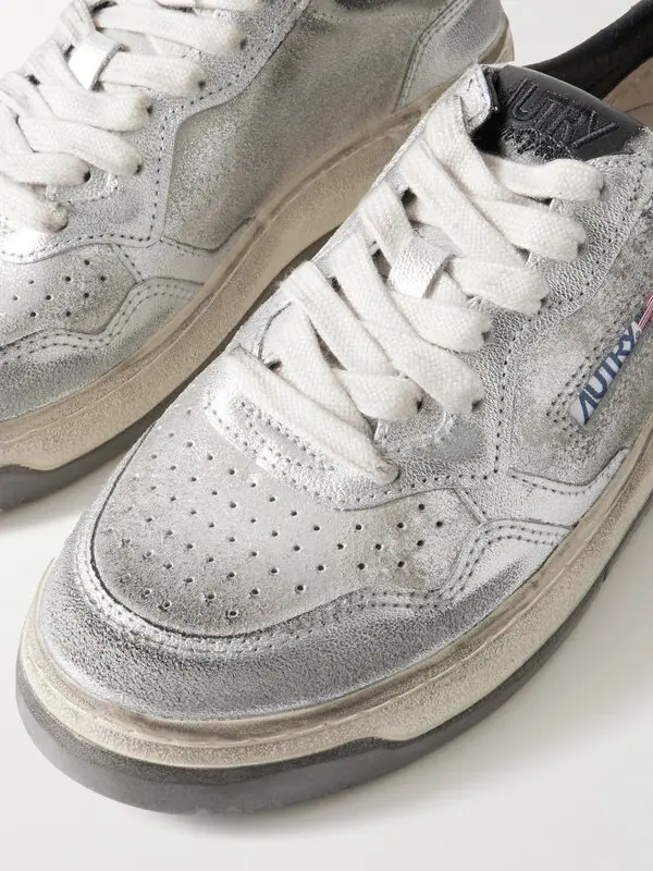 AUTRY Distressed Metallic Leather And Suede Sneakers - Gray