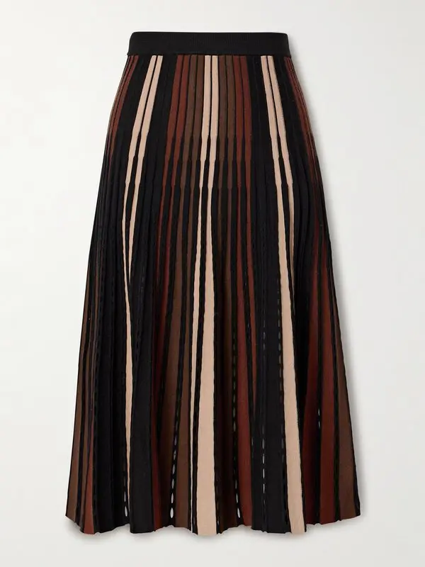 Diane Von Furstenberg Tribeca Cutout Striped Pleated Midi Skirt - Brown