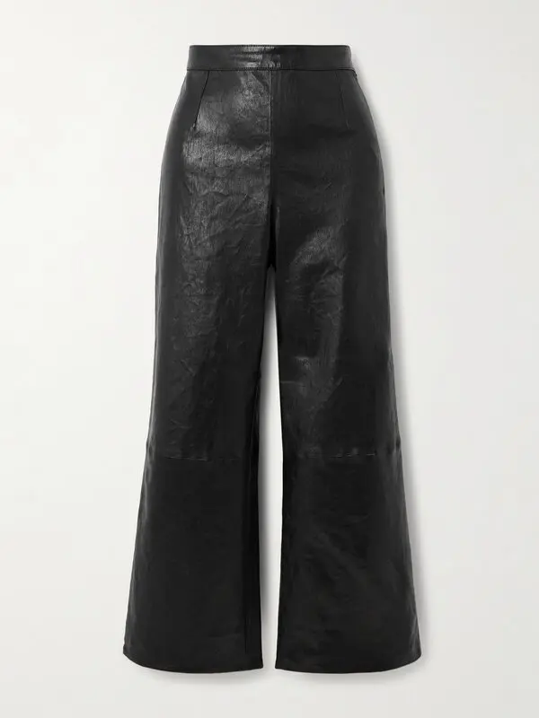 FRAME Crinkled Cropped High-rise Wide-leg Leather Trousers - Black