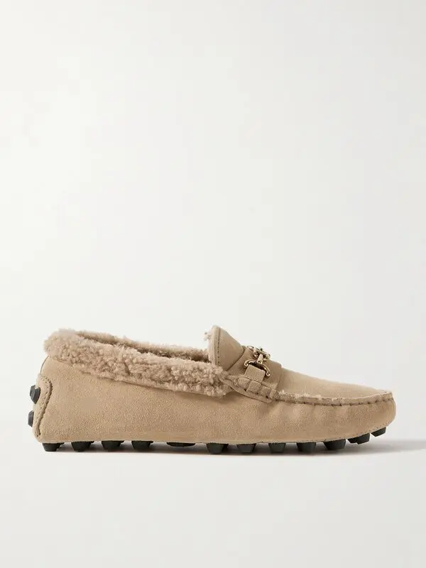 TOD'S Gommino Macro Embellished Shearling-trimmed Suede Loafers