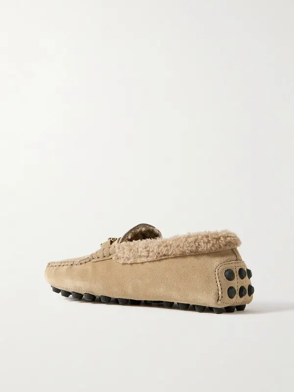 TOD'S Gommino Macro Embellished Shearling-trimmed Suede Loafers