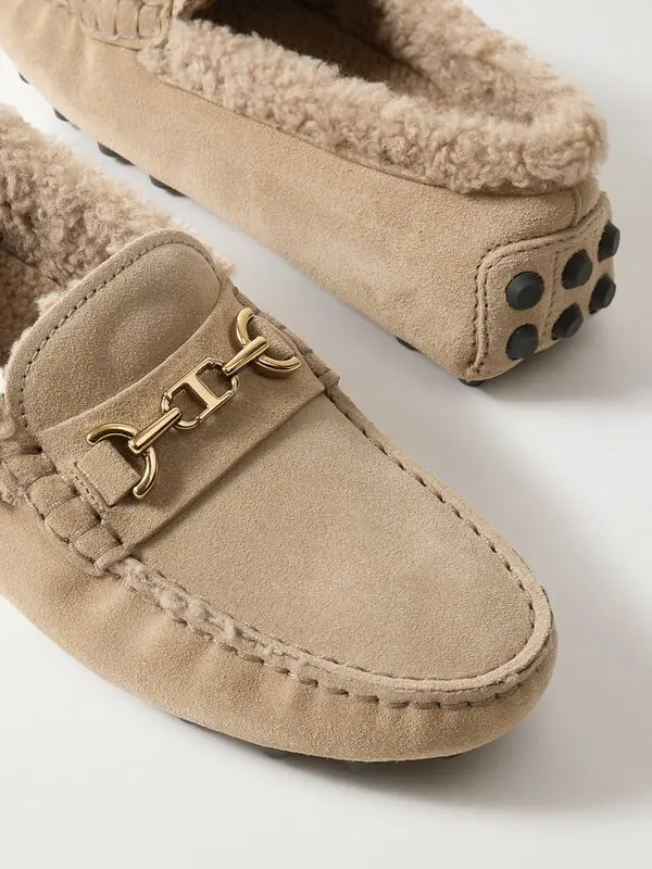 TOD'S Gommino Macro Embellished Shearling-trimmed Suede Loafers