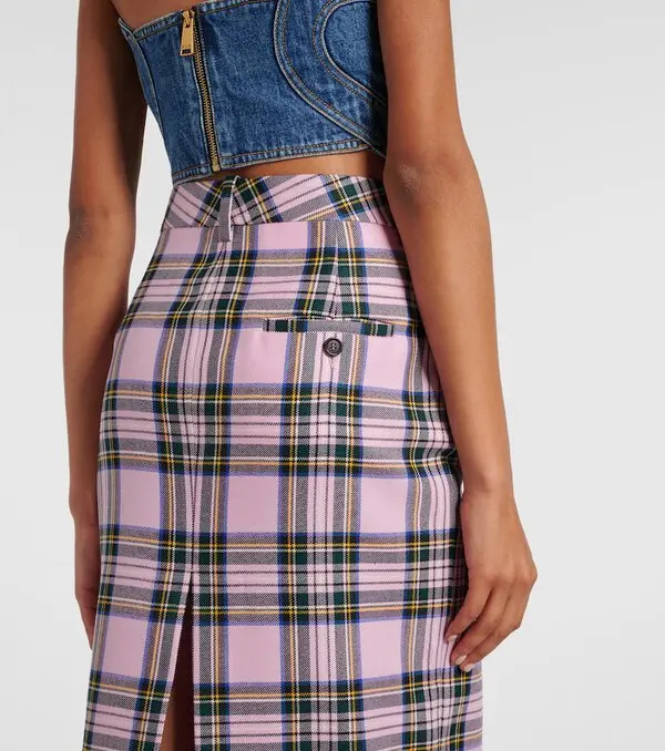 AREA Plaid Wool Midi Skirt