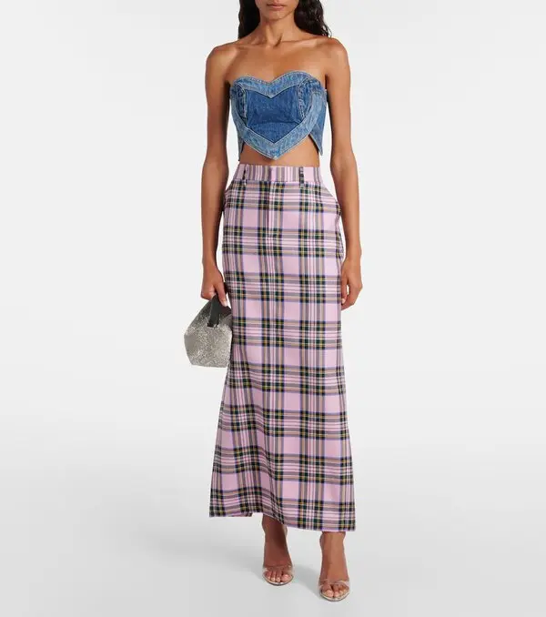 AREA Plaid Wool Midi Skirt