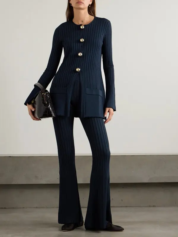 Stella McCartney Ribbed-knit Flared Trousers - Blue