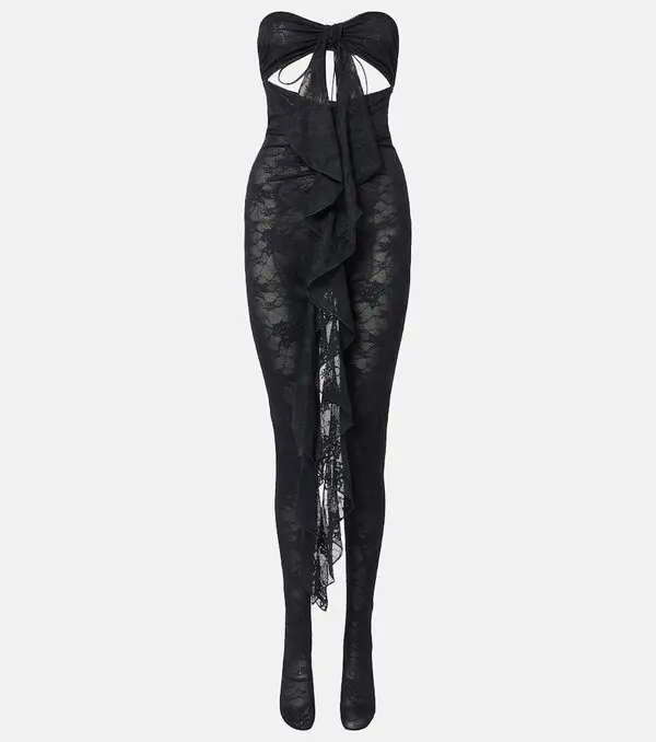 Oseree Ruffled Cut-out Lace Catsuit - Black