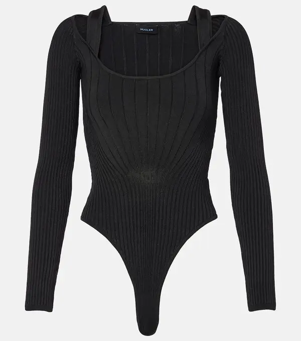 MUGLER Ribbed Knit Bodysuit - Black