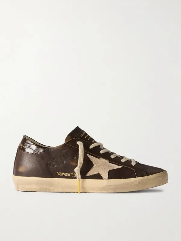GOLDEN GOOSE Super-star Distressed Leather Sneakers With Suede Appliqués - Brown