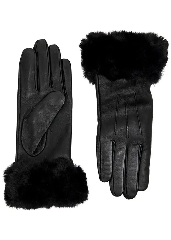 DENTS Sarah Leather Gloves With Faux Fur Trim - Black