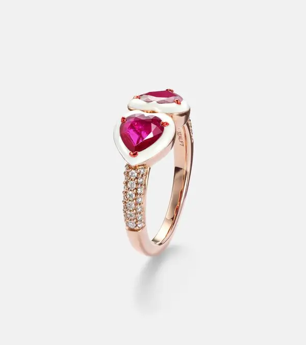 KAMYEN 18kt Rose Gold Ring With Heart-shaped Rubies And Pavé Diamonds