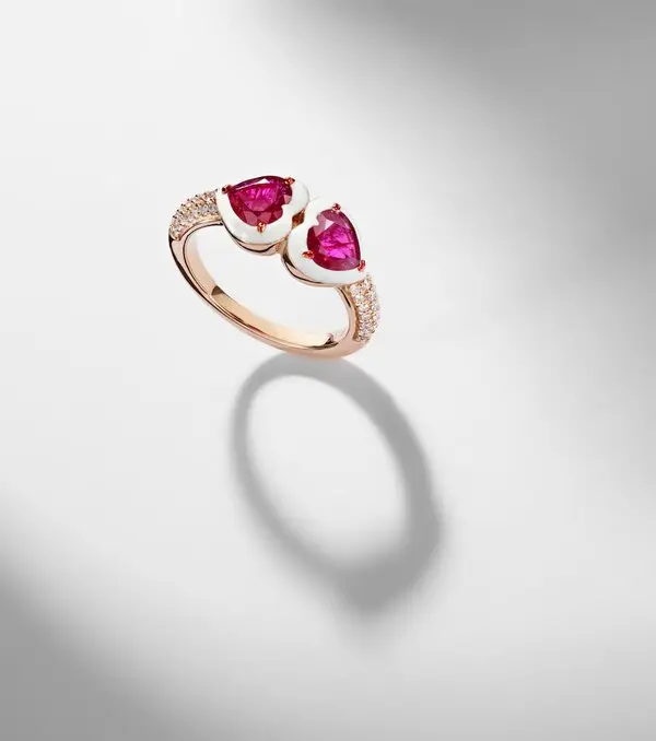 KAMYEN 18kt Rose Gold Ring With Heart-shaped Rubies And Pavé Diamonds