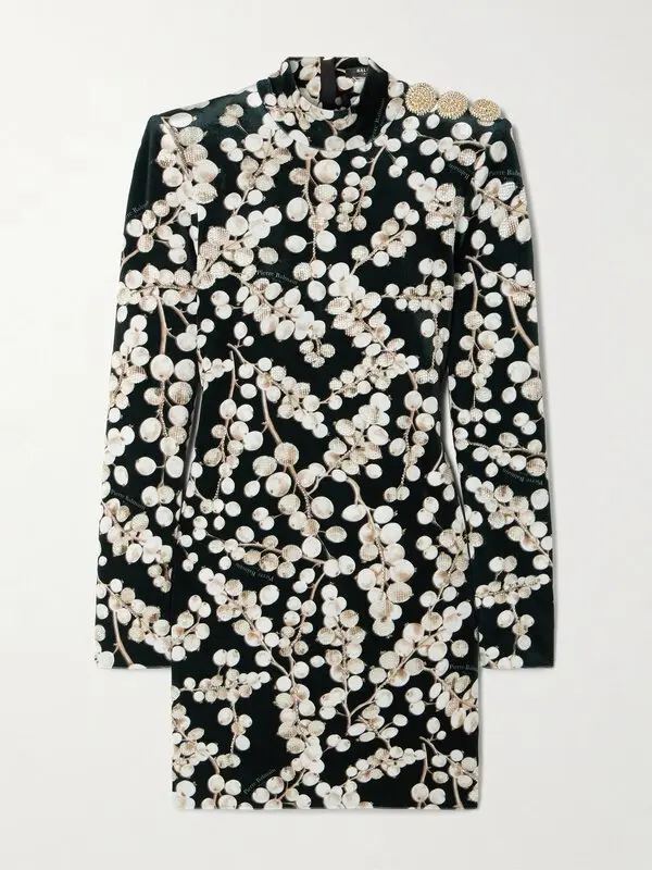Balmain Embellished Printed Velvet Mini Dress