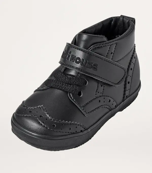 MIKI HOUSE Wing Tip Brogue Boots With Velcro And Lace Fastening - Black