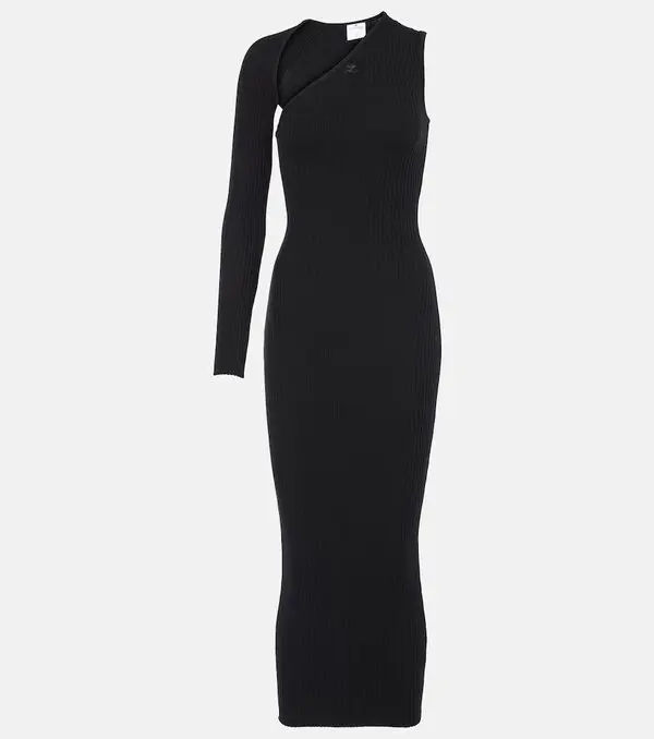 COURREGES Asymmetric Ribbed-knit Midi Dress - Black