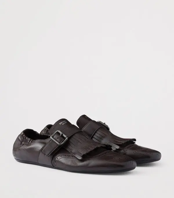 Prada Calf Leather Fringed Monk Strap Shoes - Brown