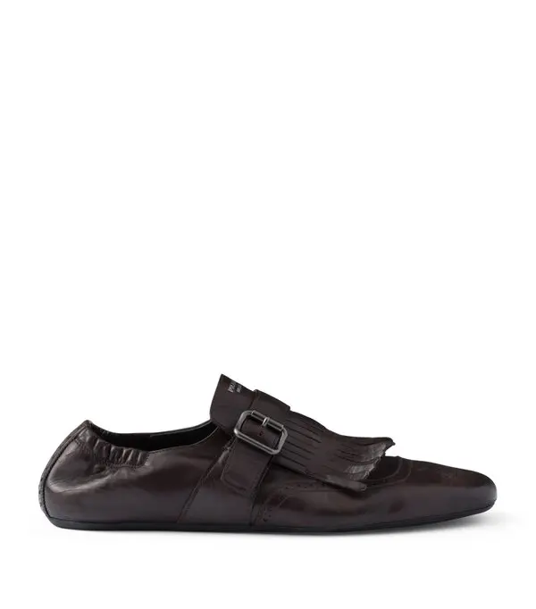 Prada Calf Leather Fringed Monk Strap Shoes - Brown