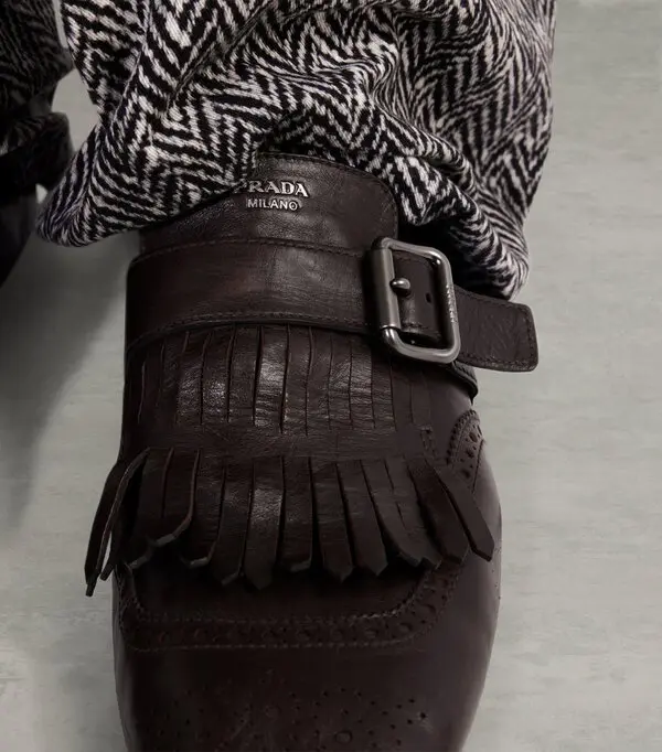 Prada Calf Leather Fringed Monk Strap Shoes - Brown