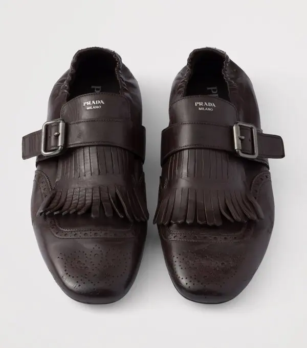 Prada Calf Leather Fringed Monk Strap Shoes - Brown