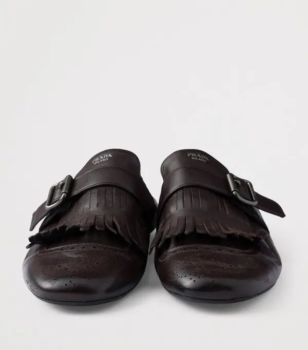 Prada Calf Leather Fringed Monk Strap Shoes - Brown